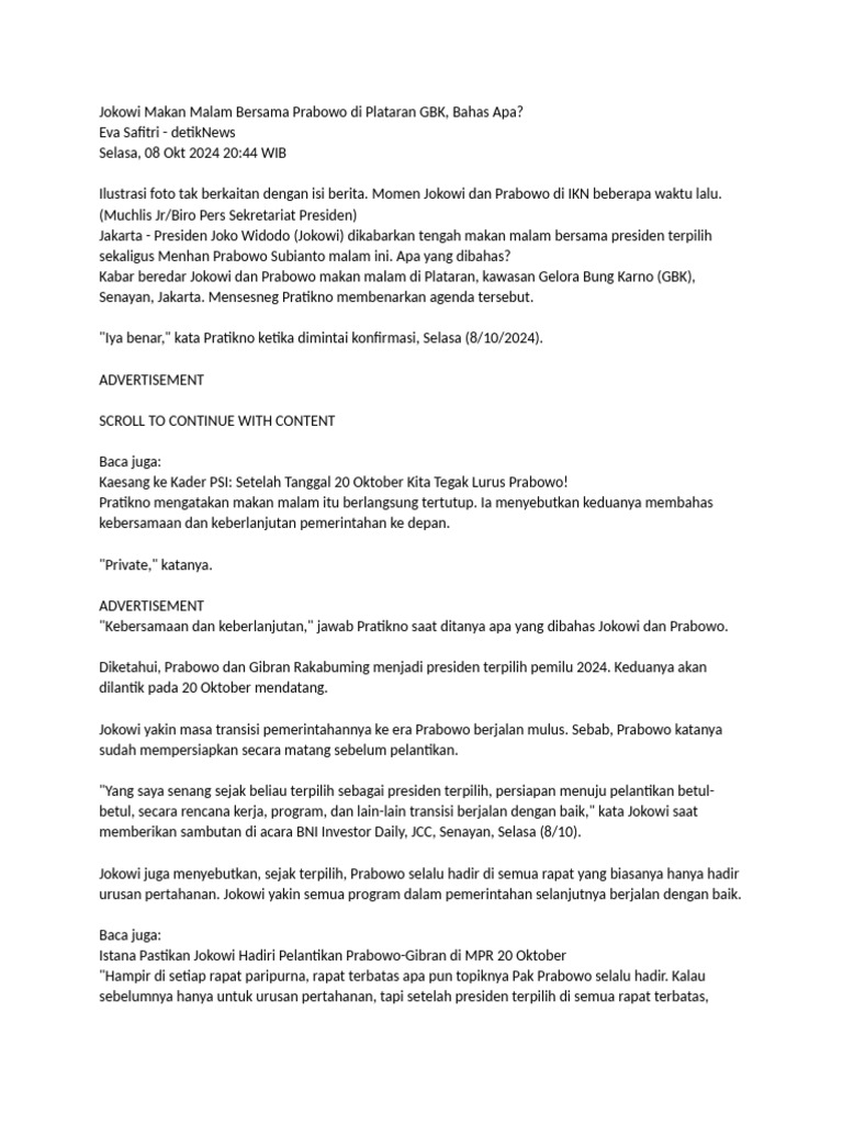 Jokowi Makan Malam Bersama Prabowo Di Plataran GBK | PDF