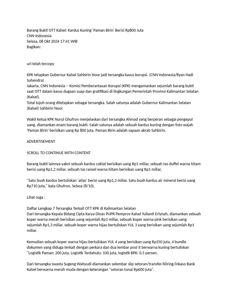 Barang Bukti OTT Kalsel | PDF