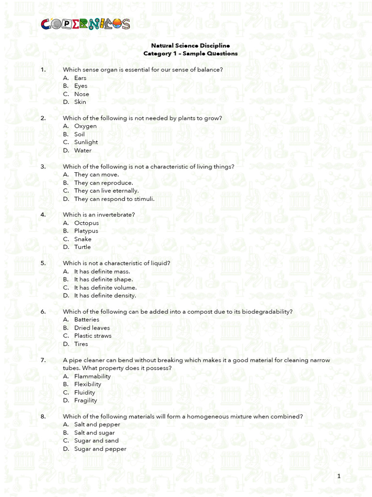 Natural Science Category 1 Sample Questions | PDF