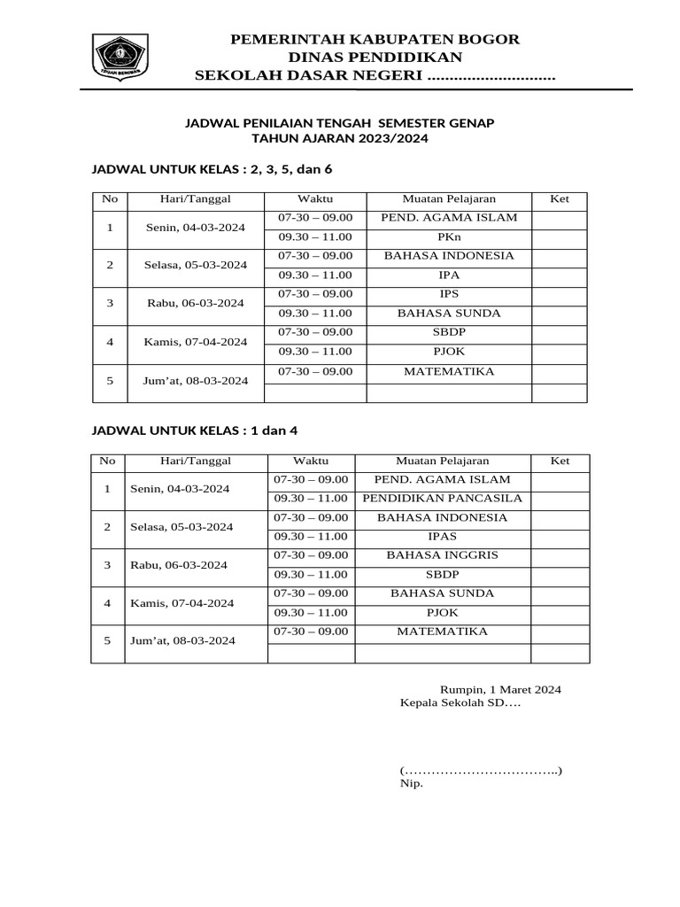 Jadwal PTS Genap Tahun 2023-2024 Rumpin | PDF