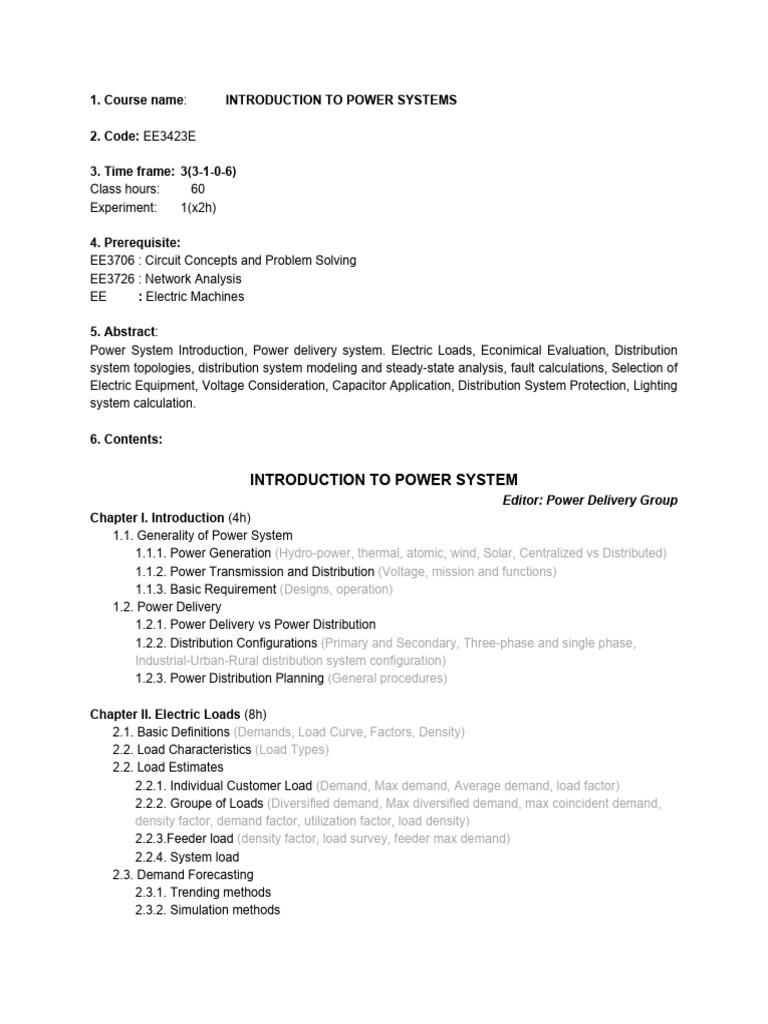 Introduction to Power System - Syllabus (CT Tientien) | PDF