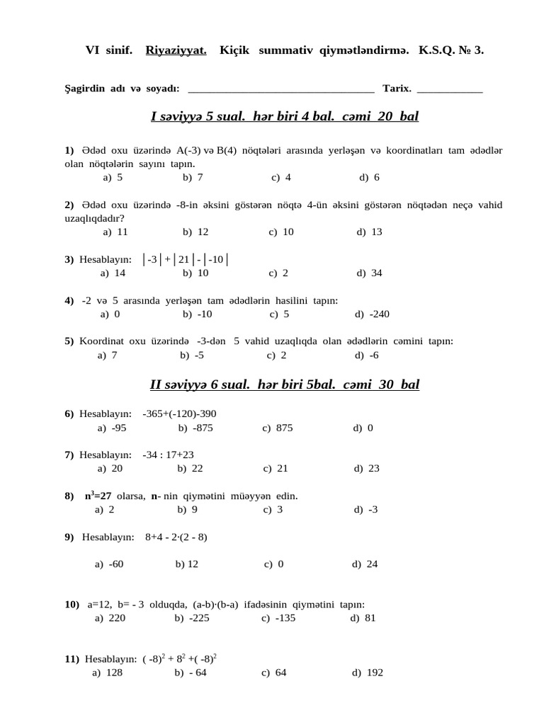 6 Sinif Riyaziyyat KSQ - 3 | PDF