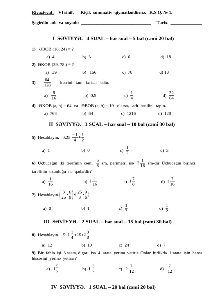 6 Sinif Riyaziyyat KSQ - 1 | PDF