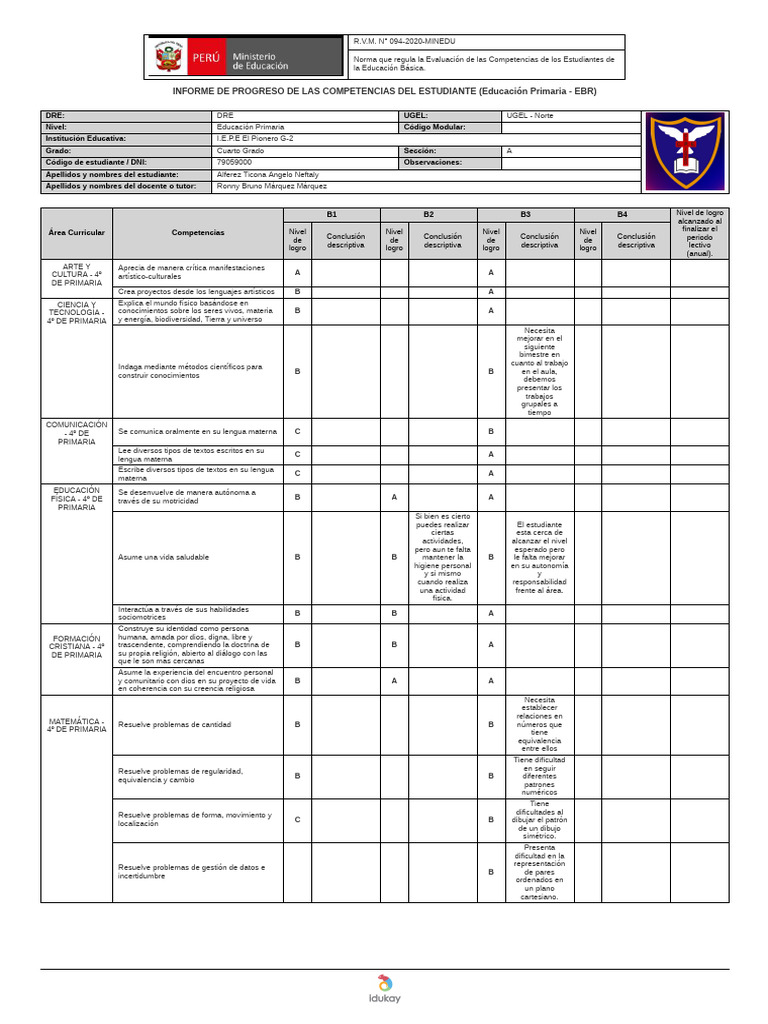 Libreta Formativa Cuarto Grado A | PDF