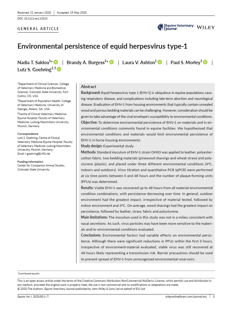 Environmental Persistence of Equid Herpesvirus Type-1 | PDF