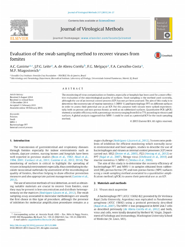 Evaluation of The Swab Sampling Method To Recover Viruses From Fomites ...