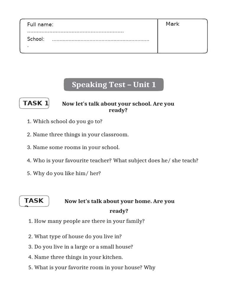 Speaking Test – Unit 1 - 1 Bản | PDF