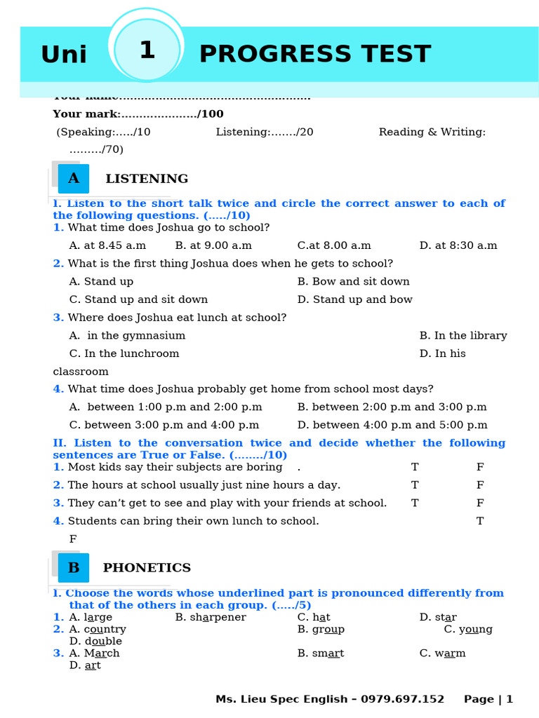 1. PROGRESS TEST - UNIT 1 - 14 bản | PDF