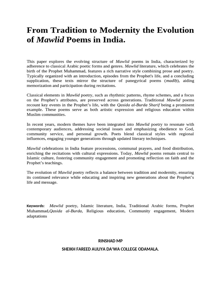From Tradition To Modernity The Evolution of Mawlid Poems in India | PDF