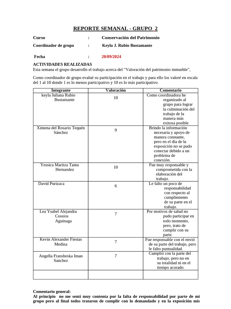 Formato Reporte de Desempeño Grupal- Grupo 2 | PDF