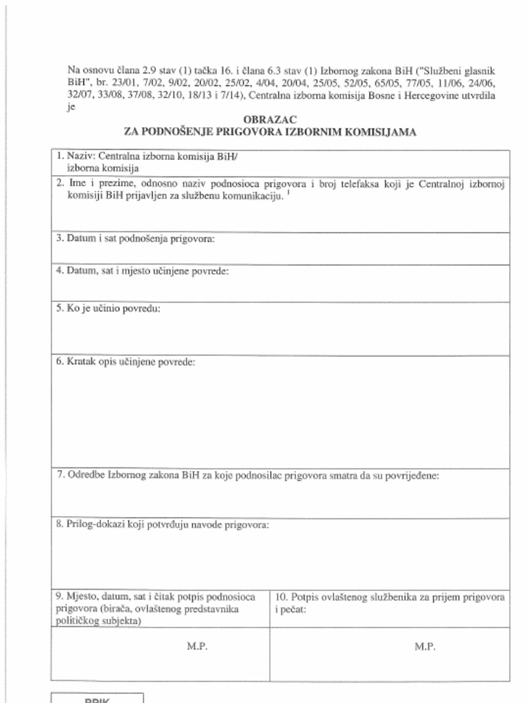 Obrazac Za Podnosenje Prijava Izbornim Komisijama-Bos | PDF