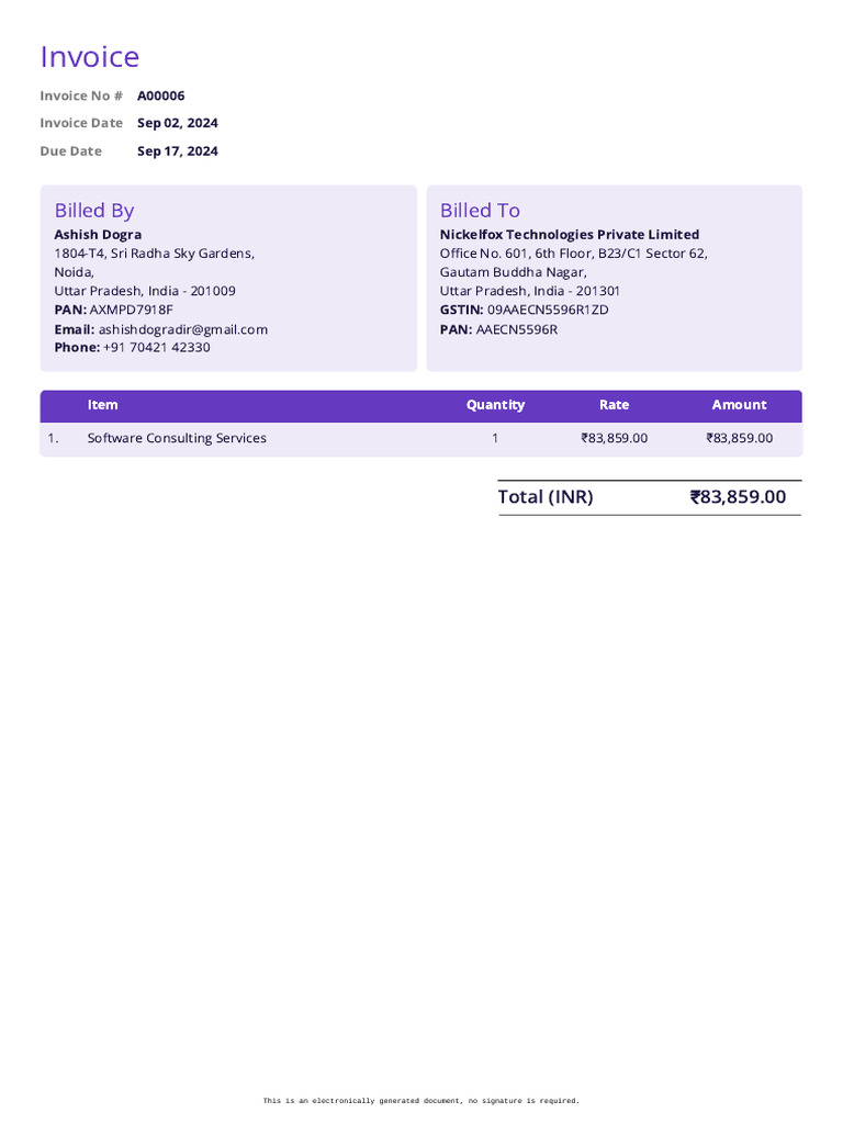 Invoice A00006 Ashish Dogra Nickelfox Technologies Private Limited | PDF