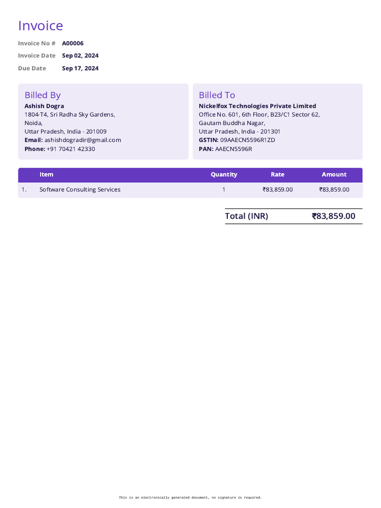 Invoice A00006 Ashish Dogra Nickelfox Technologies Private Limited | PDF
