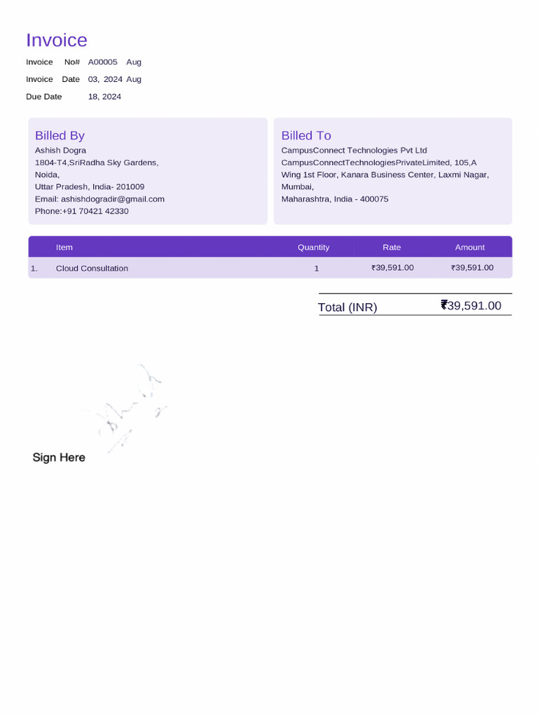 Invoice A00005 Ashish Dogra Campusconnect Technologies PVT LTD PDF | PDF
