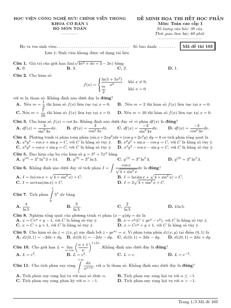 Đề mẫu-Đề minh họa thi kết thúc học phần môn TCC1 | PDF