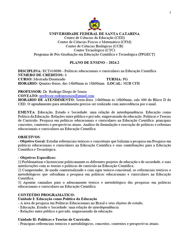 Plano de Ensino Pecec Ppgect 20242 | PDF