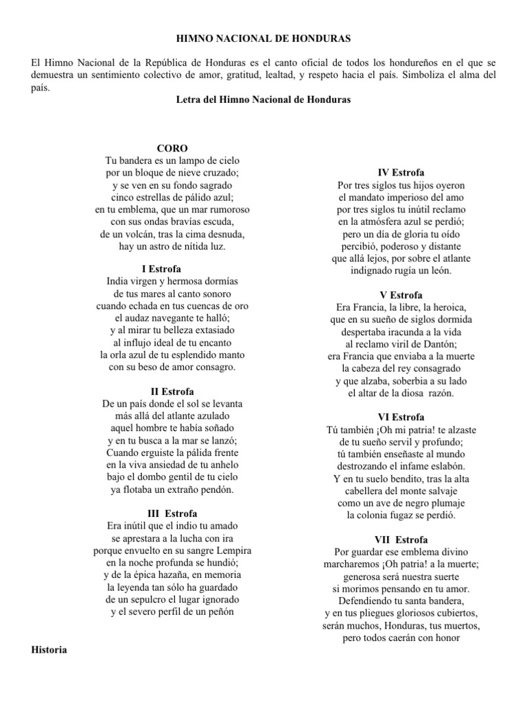 HIMNO NACIONAL DE HONDURAS Folleto | PDF
