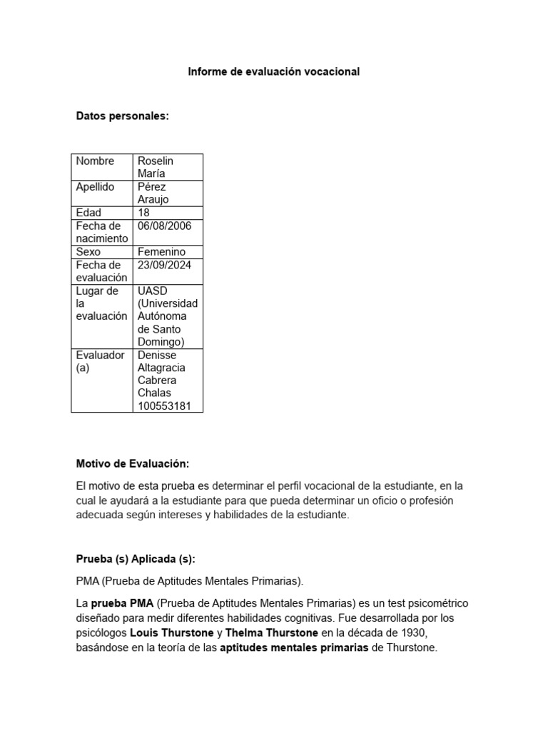 Denisse Cabrera - Informe - Prueba PMA | PDF | Inteligencia ...