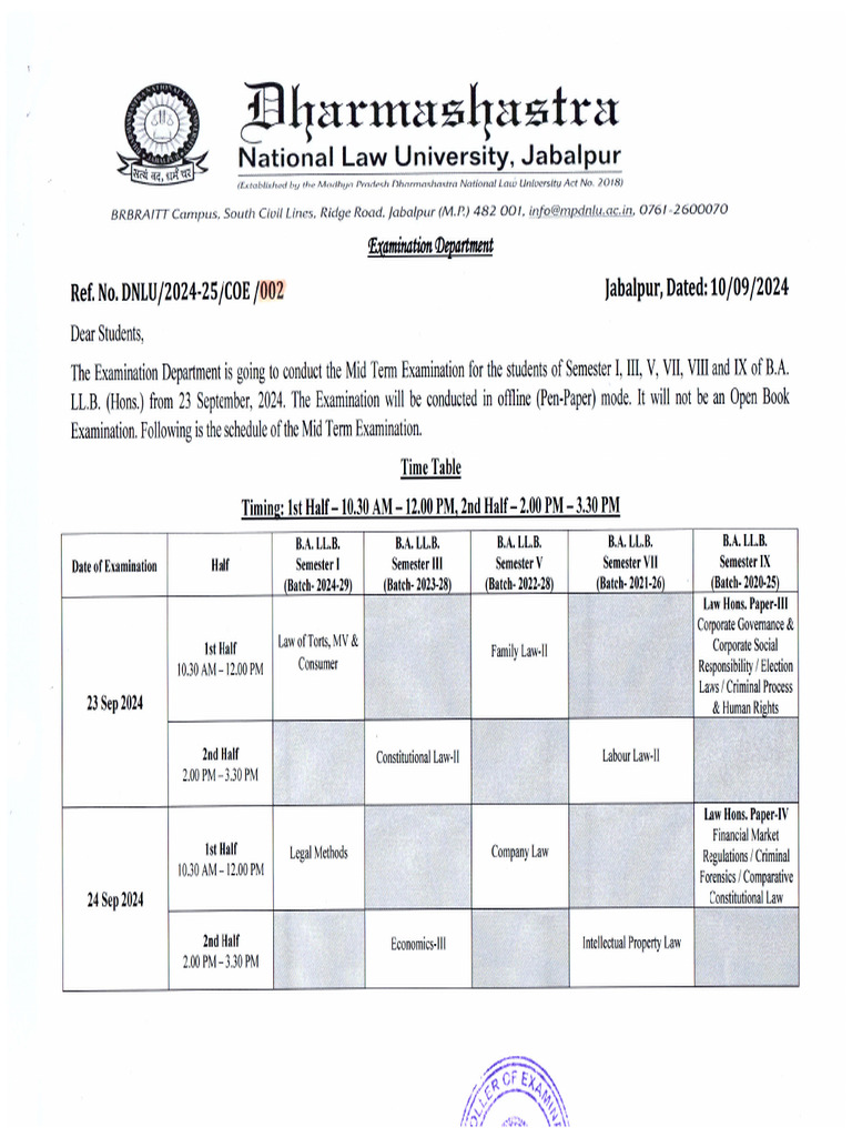 Time Table of Mid Term Examination - B.A. LL.B. - Sep 2024. | PDF