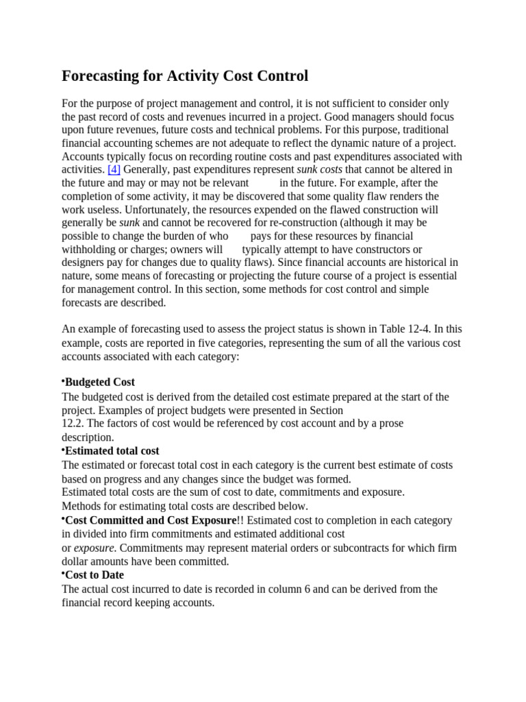 Forecasting for Activity Cost Control | PDF