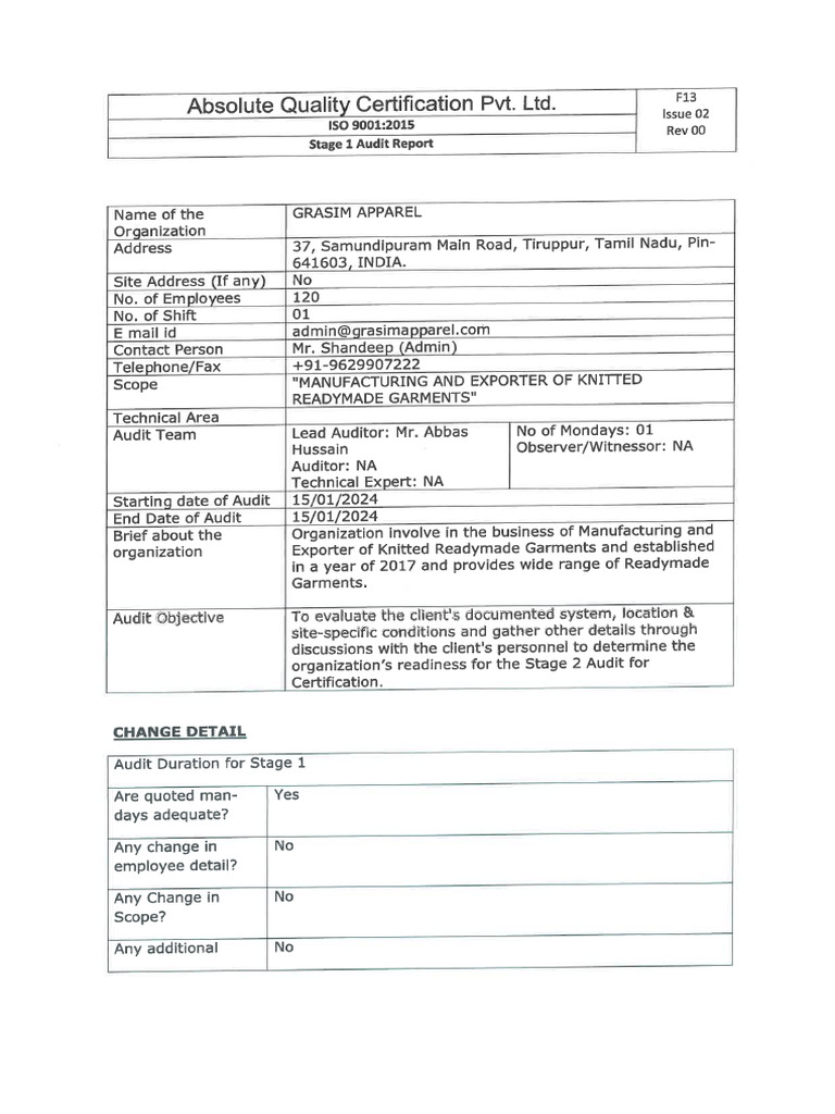STAGE 1 AUDIT REPORT | PDF