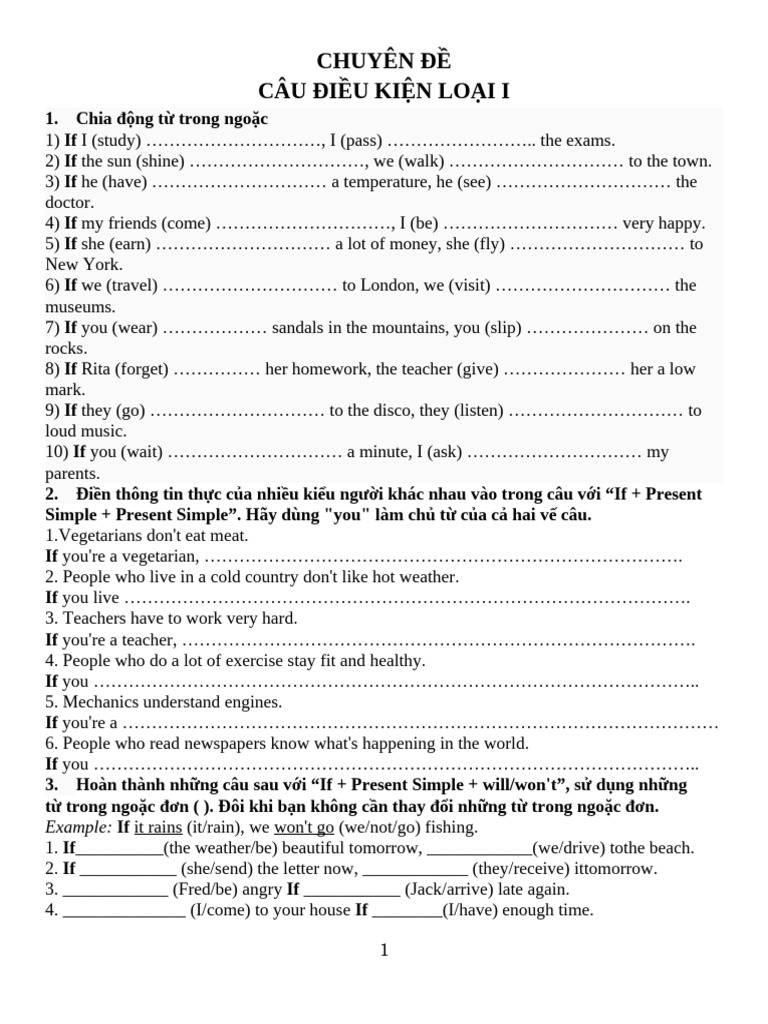 Bai Tap Cau Dieu Kien Loai I Lop 6 Hay | PDF