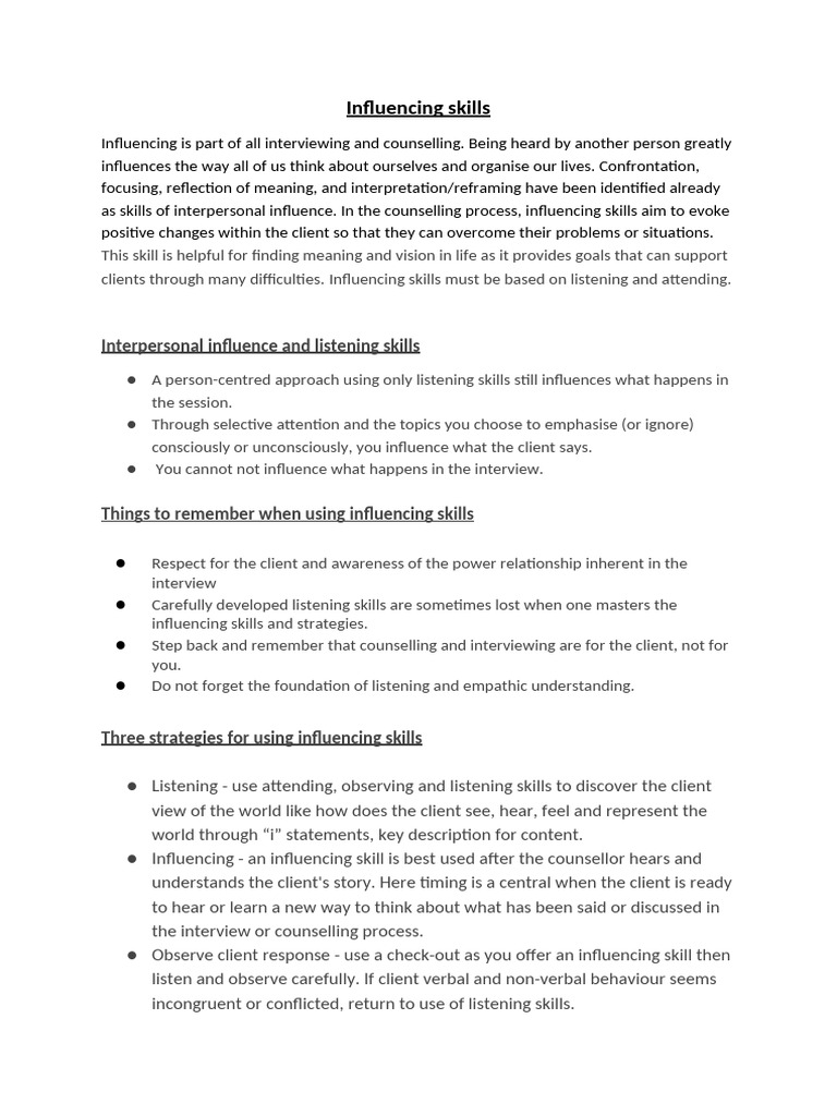 Influencing Skills Info | PDF | Major Depressive Disorder | Psychotherapy