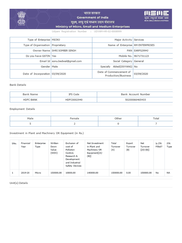 Udyam Registration Number: UDYAM-HR-02-0008999 | PDF