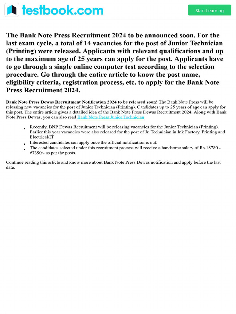 Bank Note Press Dewas Recruitment 2024exam Info | PDF