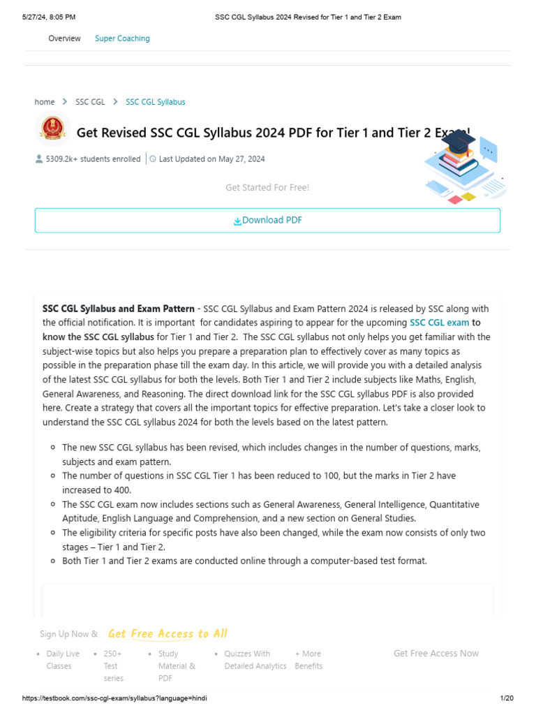 SSC CGL Syllabus 2024 Revised For Tier 1 and Tier 2 Exam (English) | PDF