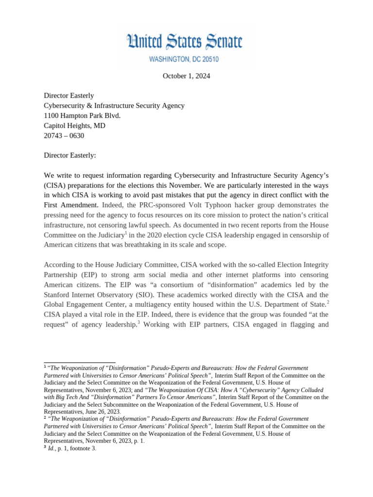 Cisa Election Letter Draft TJL BH Es Final | PDF