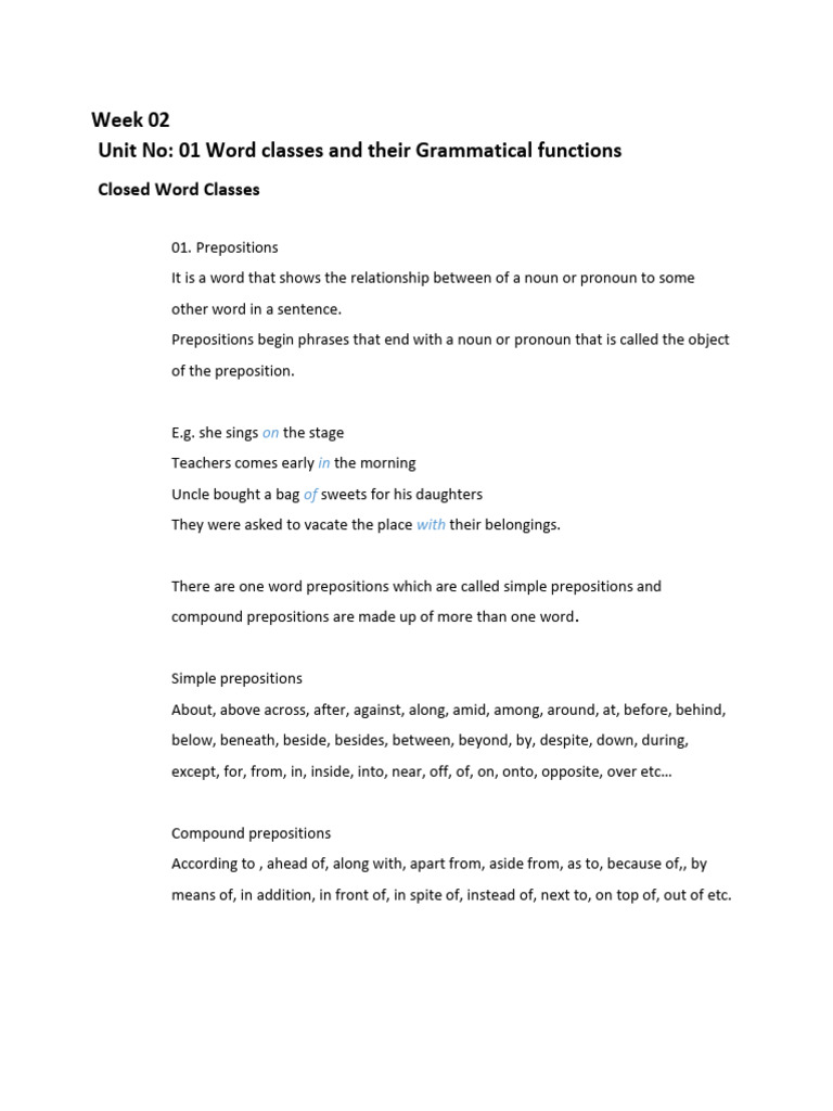 Unit No 01word Classes and Their Grammartical Functons | PDF