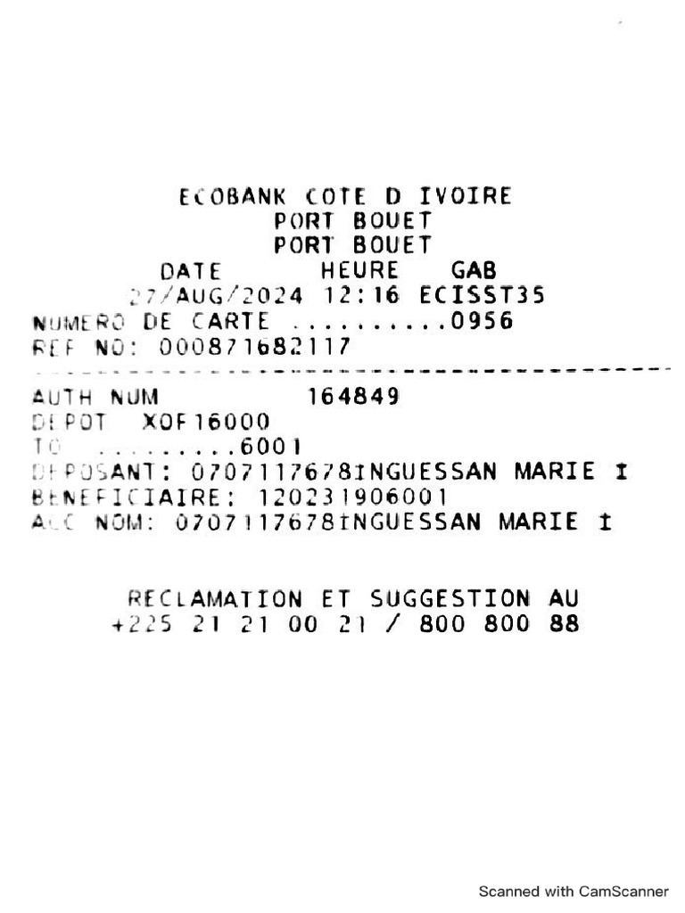 REÇU DE VERSEMENT ECOBANK | PDF REÇU DE VERSEMENT ECOBANK | PDF