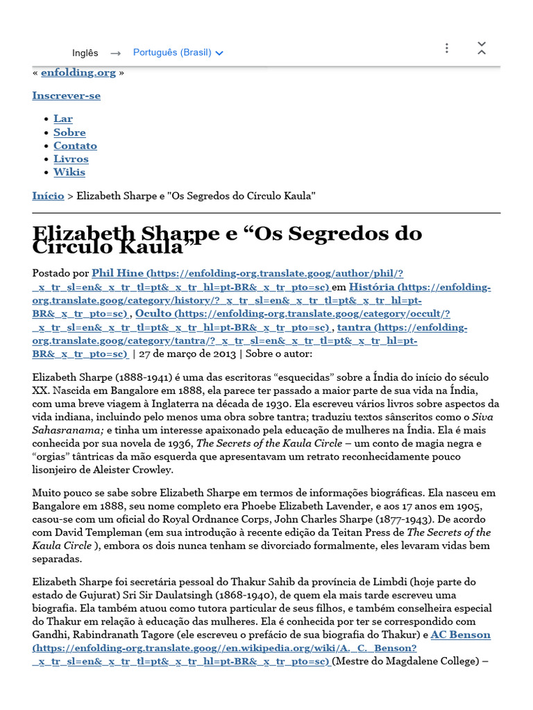 Elizabeth Sharpe e "Os Segredos Do Círculo Kaula" | PDF
