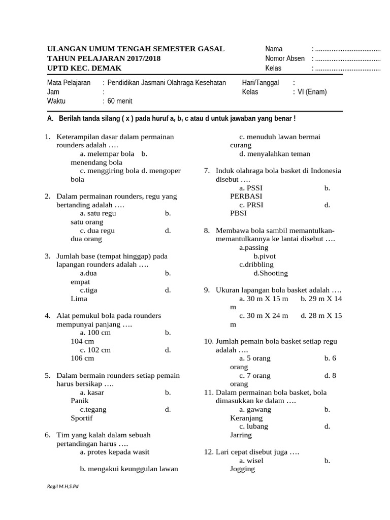Contoh Soal Ulangan Tengah Semester Satu Kls 6 PJOK | PDF