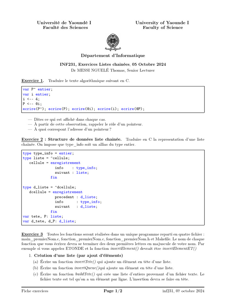 Inf231 Fiche Liste Chainee | PDF