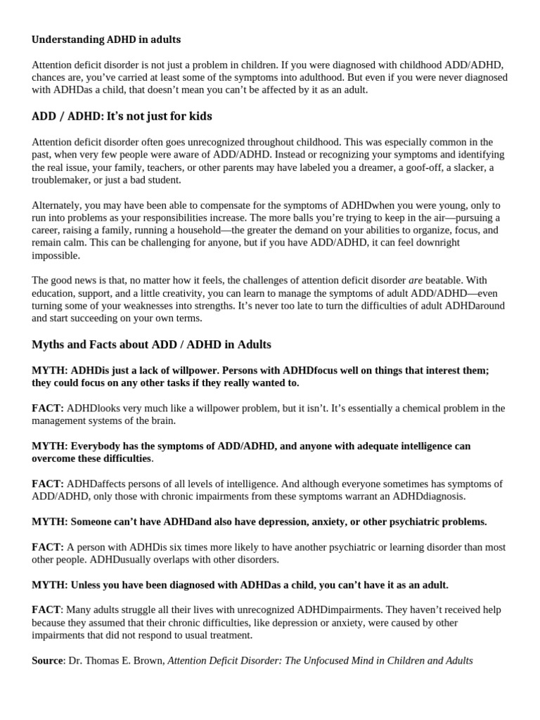 Adult ADHD: Understanding Symptoms & Myths | PDF | Attention Deficit ...