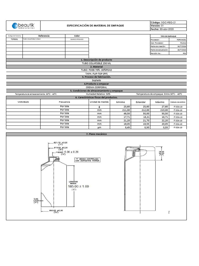Especificación de Tubo Colapsible 250 ML | PDF