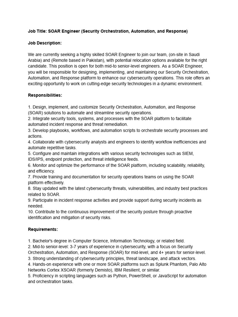 Jd Soar Engineer Security Orchestration Automation And Response Pdf