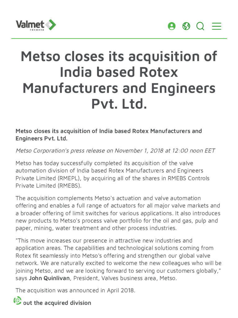 Year 2018 - Metso Closes Its Acquisition of India Based Rotex ...