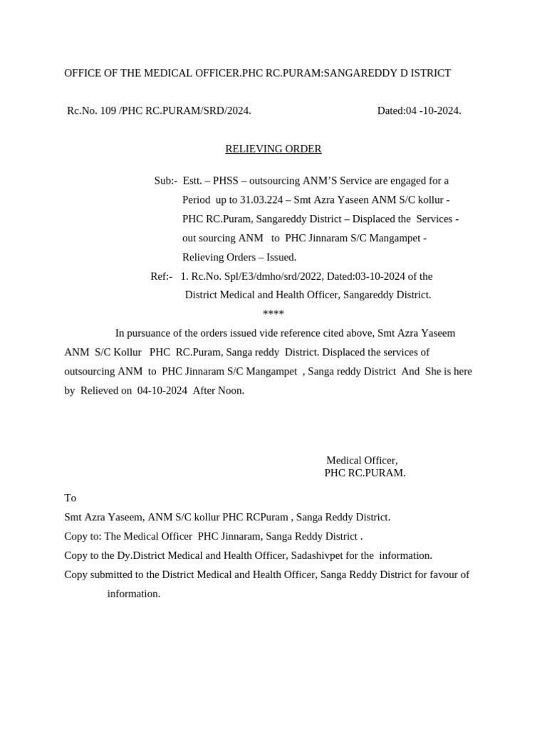 Releiving Order of Azra Yaseem Anm | PDF