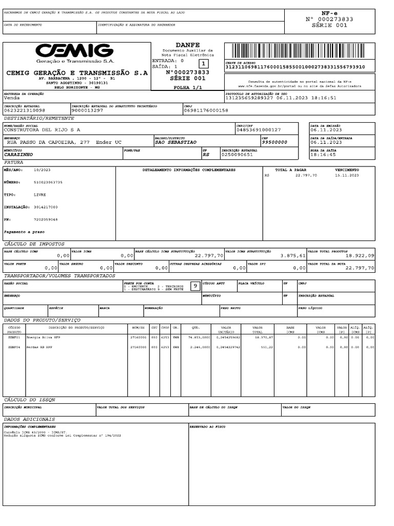 NF 273833 Cemig Geracao e Transmissao S A | PDF