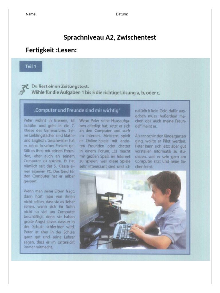 Sprachniveau, A2, Zwischentest | PDF