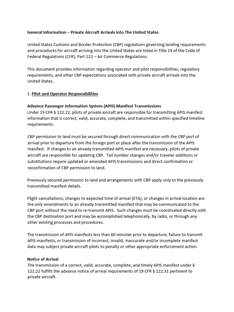 Private Aircraft Customs Entry Guide | PDF | U.S. Customs And Border ...