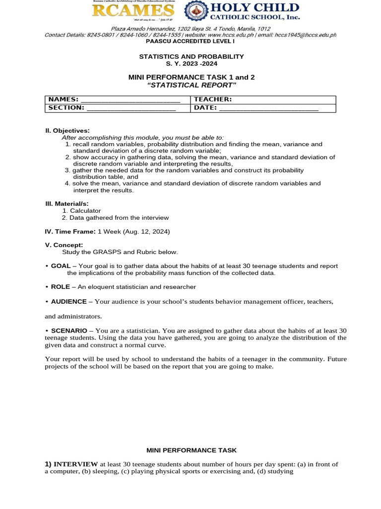 Mini Performance Task1 and 2 Statistics and Probability HYFLEX a 2 | PDF