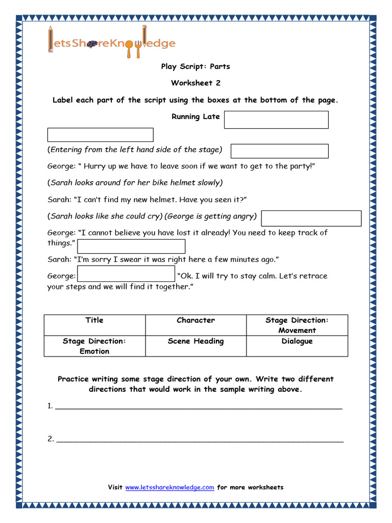 Play Script Grade 4 English Printable Worksheets w2 | PDF