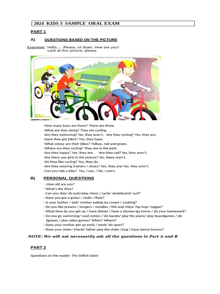 2024 Kids 3 Sample Oral Exam | PDF
