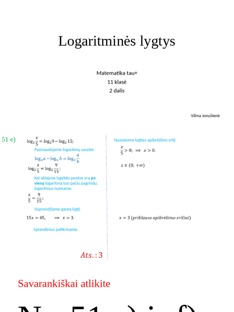 Logaritminės Lygtys 2-3 Pamokkos Pvz. | PDF