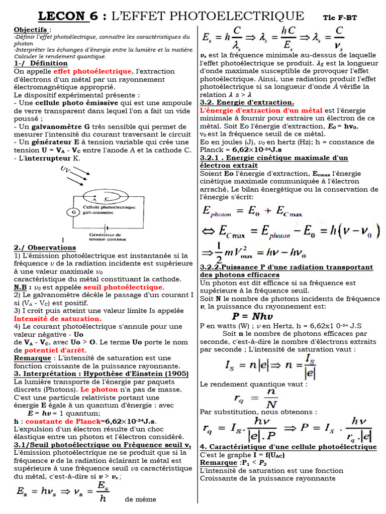 COURS PH Effet Photoélectr Tle | PDF | Effet photoélectrique | Sciences ...