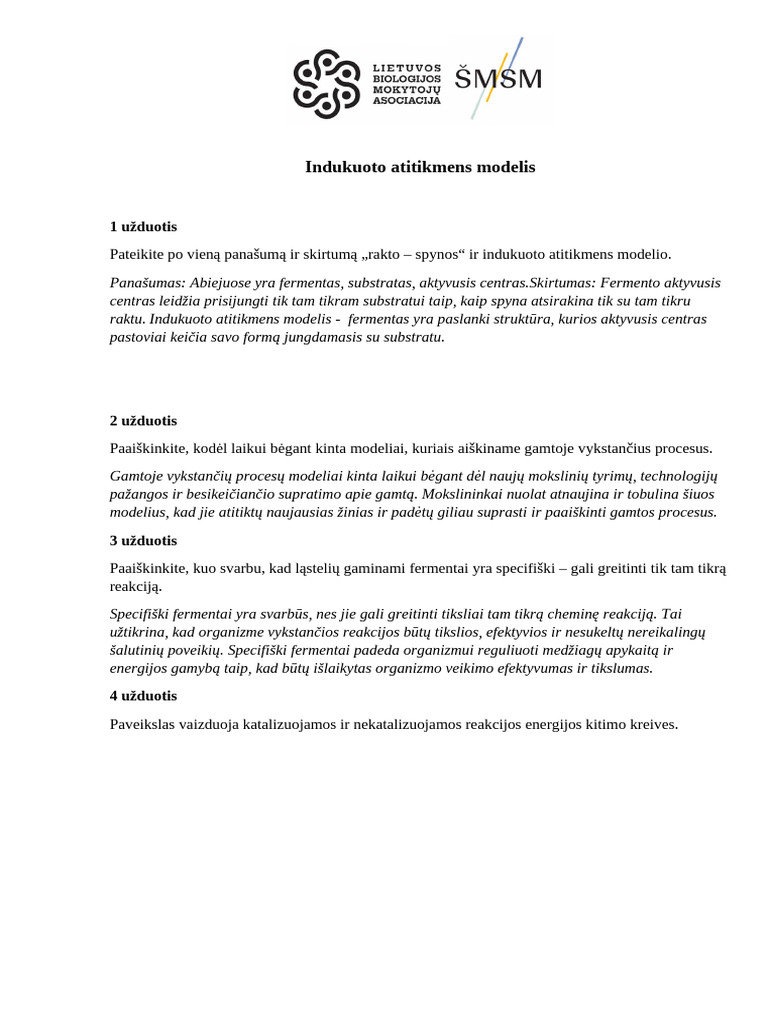 Biologija IIIkl. Uzduotys 4 Indukuoto Atitikmens Modelis | PDF